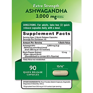 Nature's Truth Ashwagandha Capsules | 3000mg | 90 Count | Extra Strength | Ashwagandha Root Supplement with Black Pepper | Non-GMO & Gluten Free Supplement
