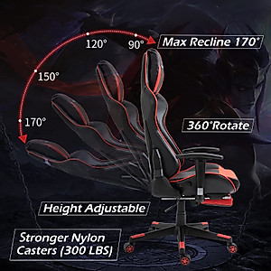 X-VOLSPORT Massage Gaming Chair with Footrest Reclining High Back Ergonomic Office Chair with Lumbar Support and Headrest Computer Chair Red Desk Chair