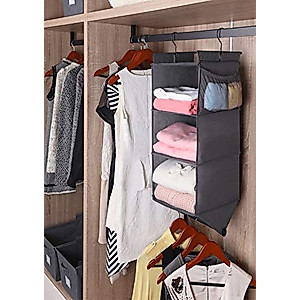 MAX Houser 3 Tier Shelf Hanging Closet Organizer with Garment Rod 2 Side Pockets, 3-Shelves Hanging Sweater Organizer (Grey)
