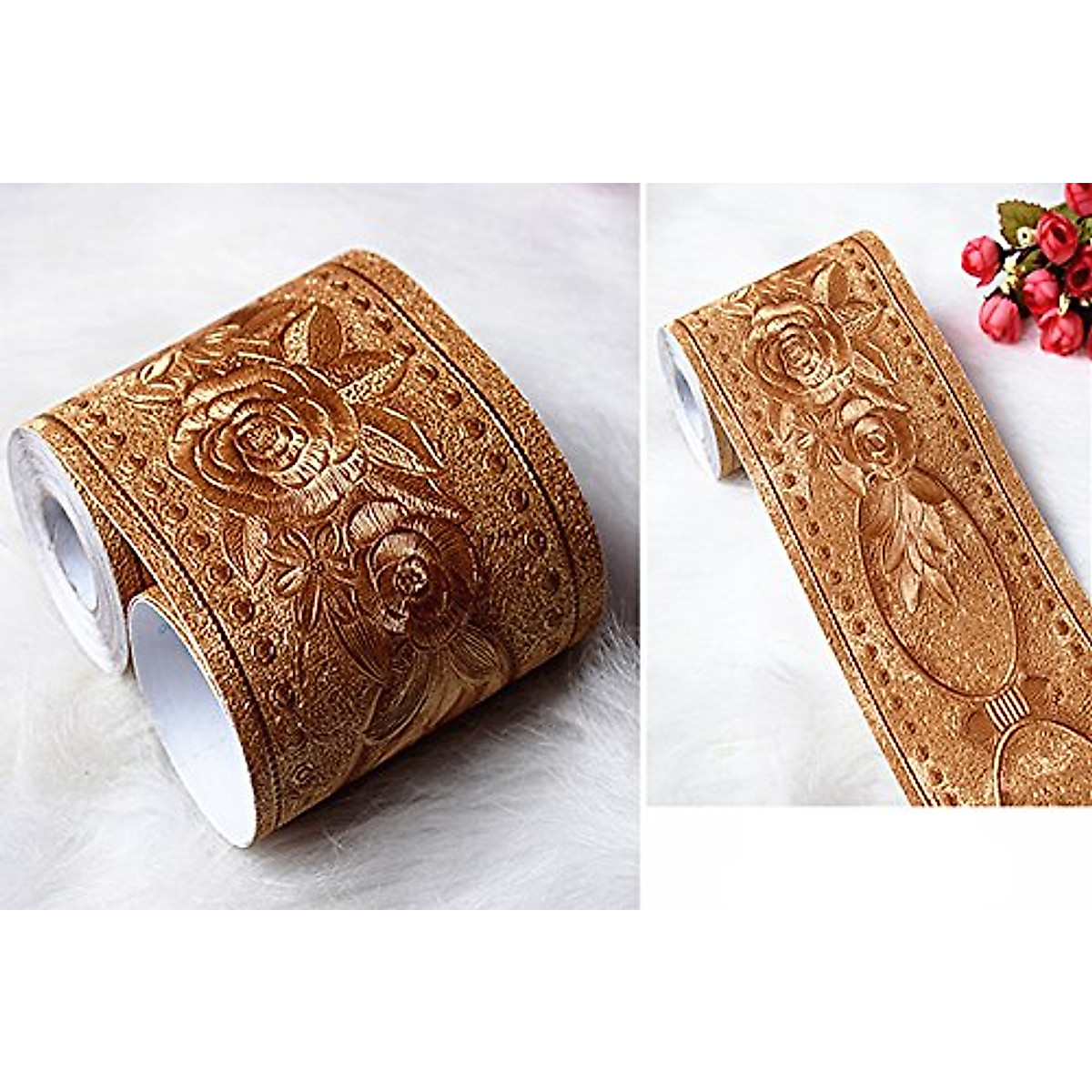 REDODECO 3D Flower Pattern Molding Peel Stick Wall Border for Home Decor Bathroom Kitchen,4 inch by 16.4 feet(Gold)