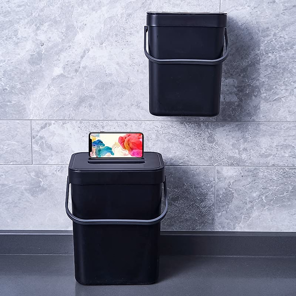 Small Trash Can with Lid Mini Kitchen Hanging Trash Can Tightly Sealed Odor Free, Small Countertop Compost Bin for Scraps from Daily Cooking, Mountable Trash Bin for Kitchen Counter, 5L/1.3 Black