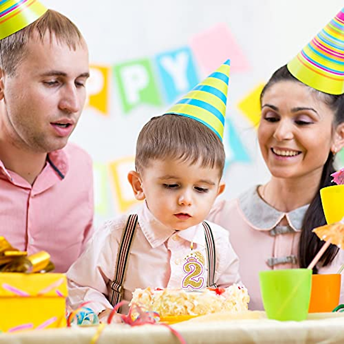 Happy Birthday Number Candle Pink Glitter Candle Crown Cute Cake Candle for Anniversary Wedding Party Cake Topper Decoration, 4.1 x 1.4 Inches (Number 2 Style)