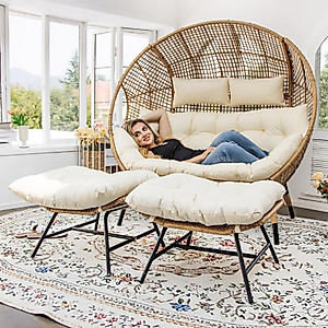 FINCATI Indoor Outdoor Double Egg Chair with Footrests, 2 Person Oversized Wicker Rattan Stationary Lounge Chair with Legs, 680 lbs Loveseat Boho Egg Basket Chairs with Ottomans Beige