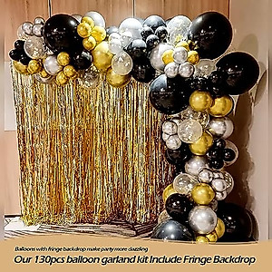 FOTIOMRG 130pcs Metallic Gold Balloon Garland Arch Kit with Fringe Backdrop, 18 12 10 5 inch Chrome Gold Latex Balloons Different Sizes Pack for Engagement Baby Shower Halloween Wedding Birthday Party Decorations