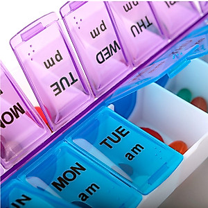 Pill Box Organizer Case, 14 Compartments, 7 Daily AM PM Slot, 2 Times a Day, Weekly dosis, Medicine Holder/Container, Ideal/Medication, Vitamin, Supplement, Medicine, Pills. Perfect Travel & Purse