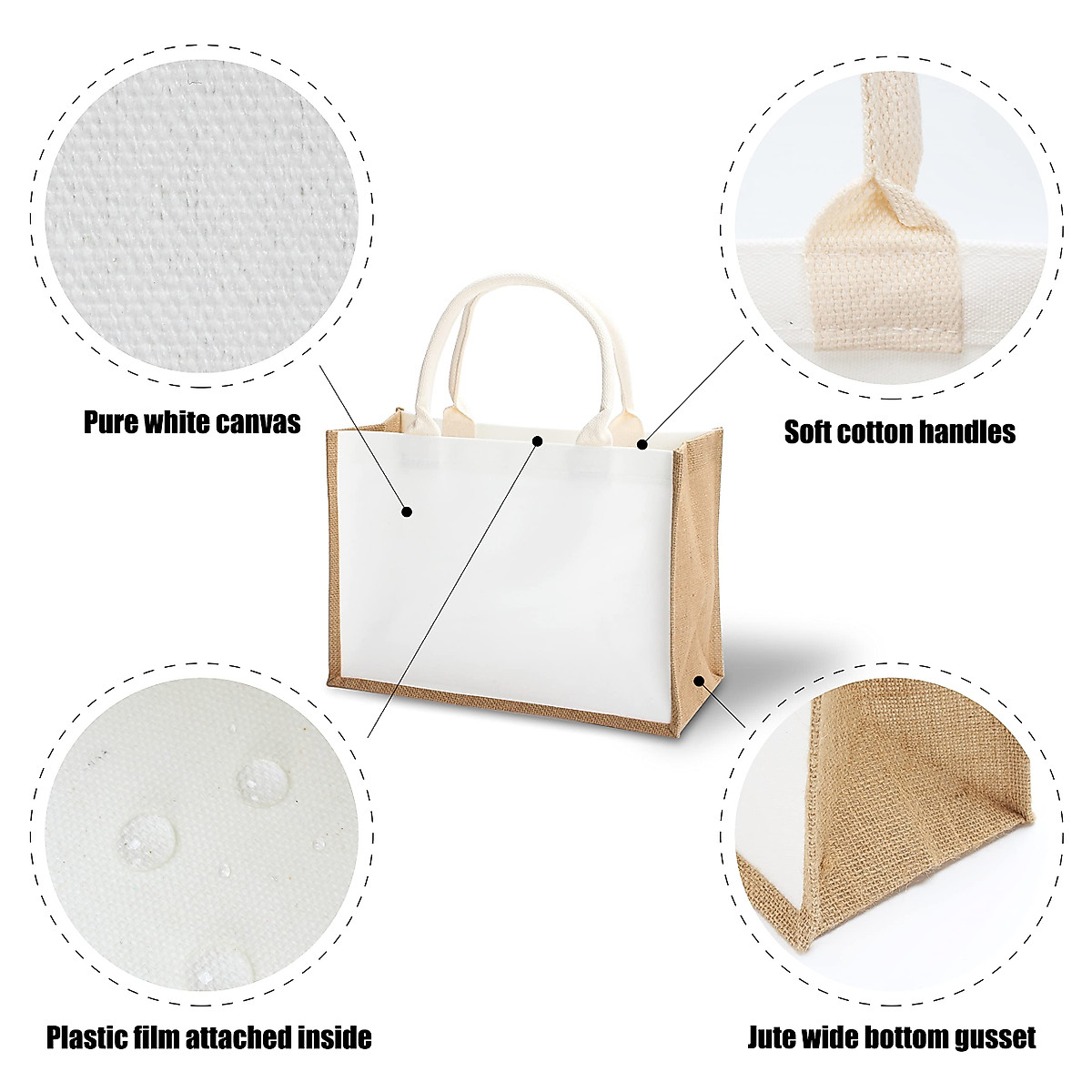 YACEYACE Burlap Tote Bags with Handles, 14.5" x 6.7" x 10.2" Set of 3 Jute Travel Tote Bags Beach Tote Bags Reusable Grocery Bags Bridesmaid Bags Tote Bags for Travel,DIY,Wedding,Shopping