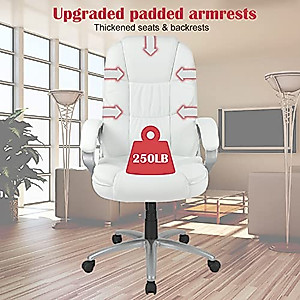 High Back Office Chair with Lumbar Support Office Chairs, PU Leather Executive Office Chair, Ergonomic Computer Swivel Task Desk Chairs with Wheels and Arms, White, 45"-48"