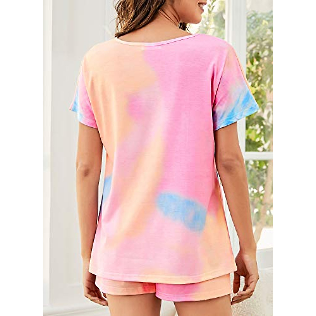 HOCOSIT Womens Tie Dye Printed Pajamas Short Sleeve Tops and Shorts Set Sleepwear 2 Piece Pjs Sets Loungewear Pink