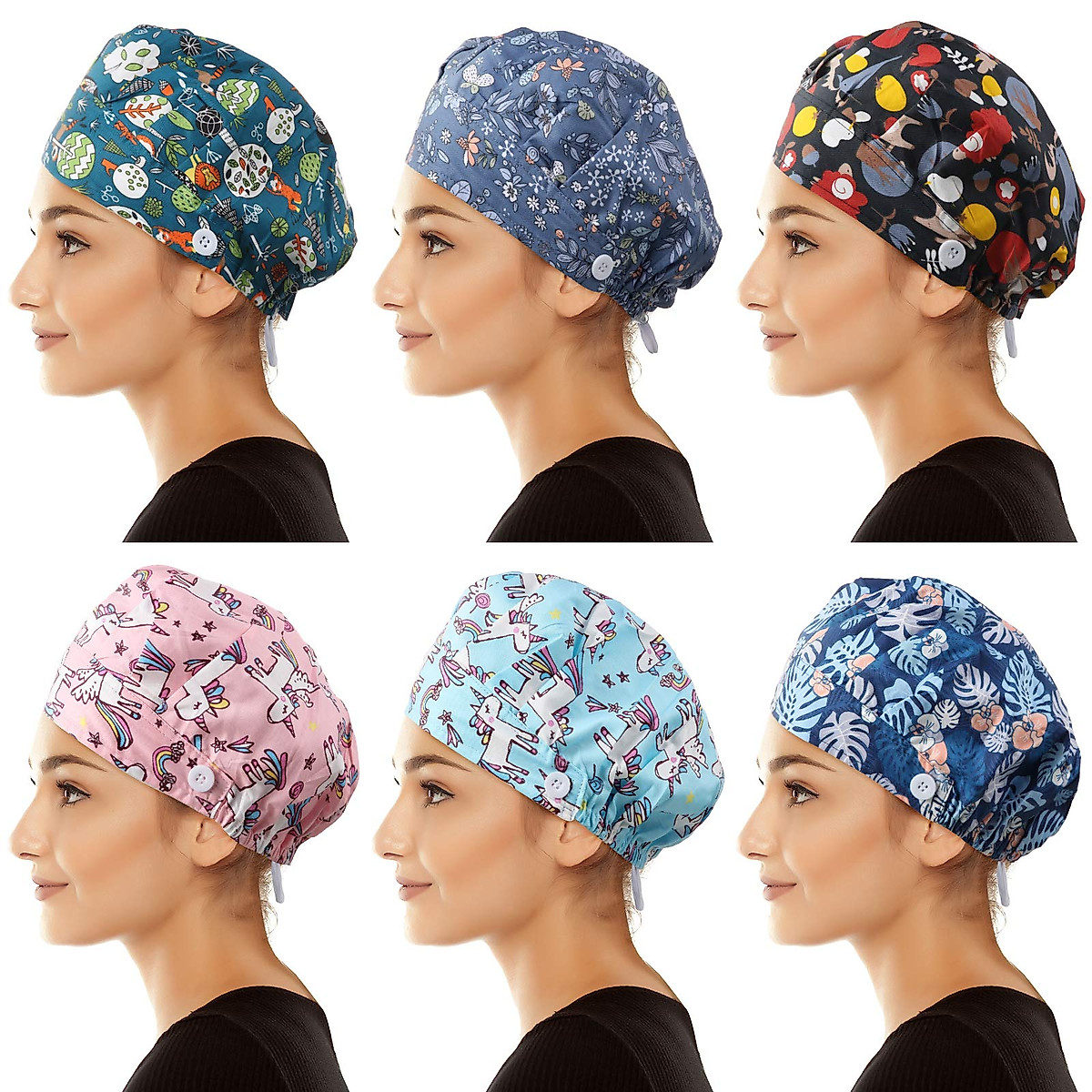 Syhood 6 Pieces Button Bouffant Hats Working Caps Adjustable Printed Sweatband Caps for Women Men Nursing Surgical Caps with Button (Unicorn Style) Multicoloured