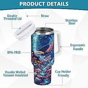 Slewiaeky Tumbler with Handle 40 oz Hawk Animal Kawaii America Travel Mug with Lid and Straw Stainless Steel Vacuum Insulated Water Bottle Cup for Iced Tea Coffee Cold Beverages Cup Holder Friendly