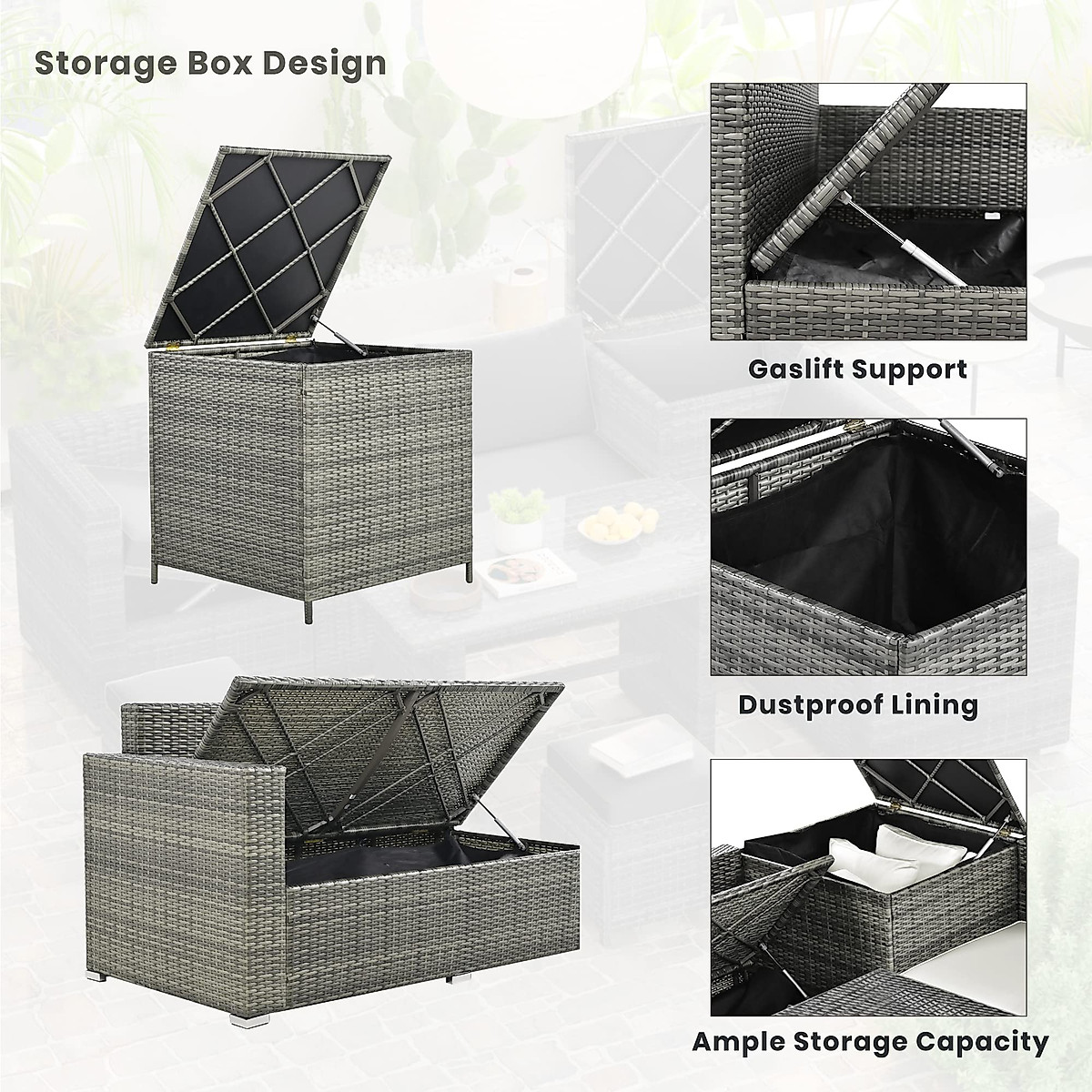 Merax Patio Dining Table Set, Outdoor 6-Piece All Weather PE Rattan Sofa Set, Wicker Sectional Furniture Set with Adjustable Seat, Storage Box, Removable Covers and Tempered Glass Top Table Beige