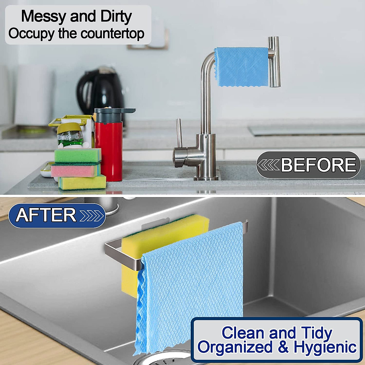 GAVIA Sink Caddy Sponge Holder, Sponge Holder for Kitchen Sink, Kitchen Sink Sponge Holder+Dish Cloth Hanger, Adhesive Kitchen Sink Caddy, 304 Stainless Steel Rustproof,No Drilling