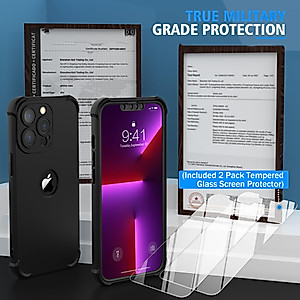 ORETECH for iPhone 13 Pro Max Case, with [2 x Screen Protectors] [15 Ft Military Grade Drop Test] [Camera Protection] 360° Shockproof Slim Thin Phone Case for iPhone 13 Pro Max Cover 6.7" - Black