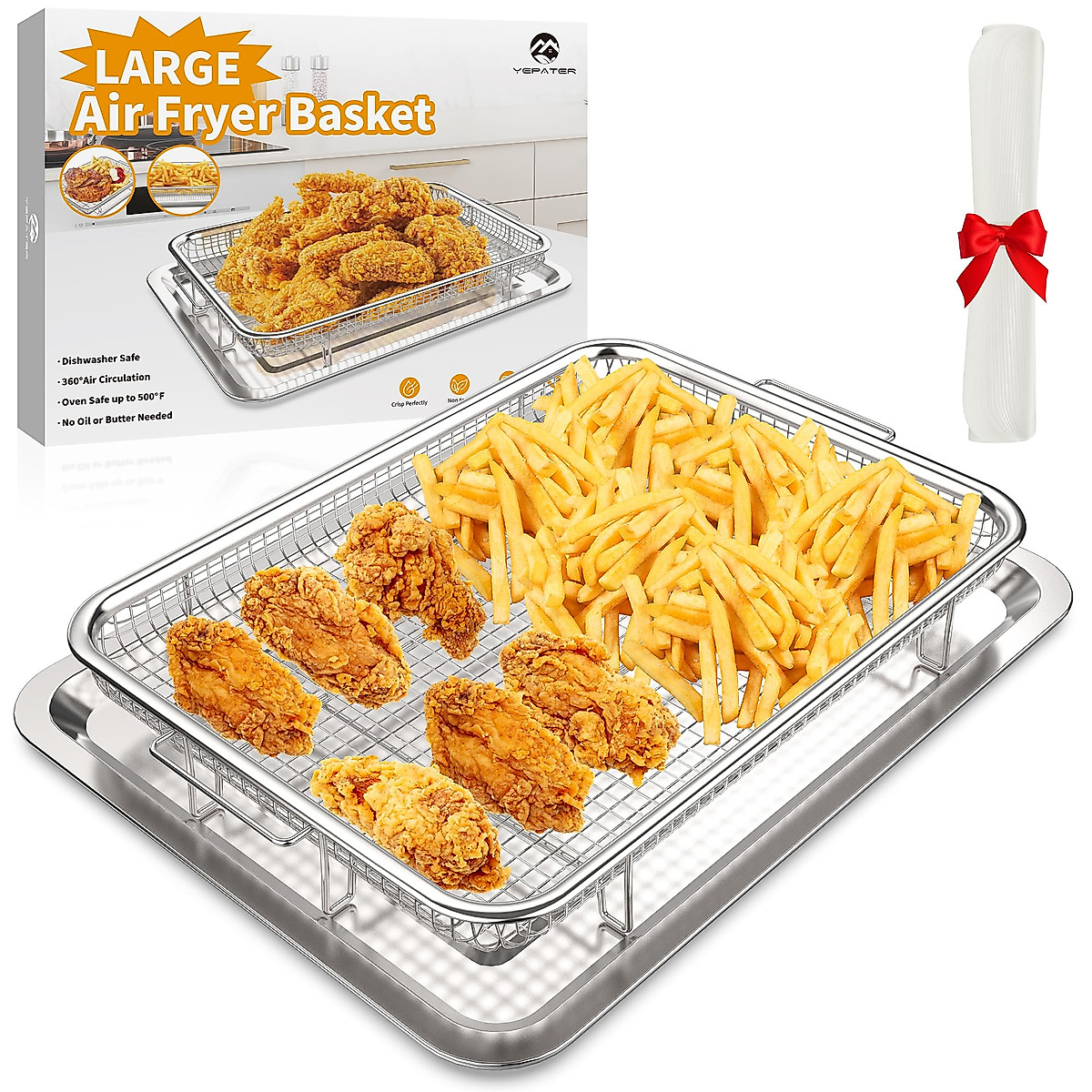 Air Fryer Basket,YEPATER 15.6" x 11.6" Large Oven Air Fryer Basket and Tray,Stainless Steel Non-stick Oven Air Fryer Basket with 30 PCS Parchment Paper,Air Fryer Pan and Crisper Tray for Baking