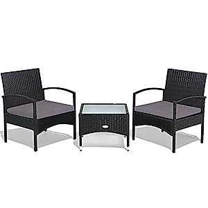 HAPPYGRILL 3 Pieces Patio Furniture Set Outdoor Conversation Set Rattan Wicker Bistro Set with Glass Coffee Table & Soft Cushions for Balcony Garden Poolside
