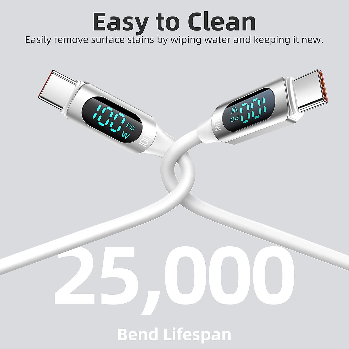 6.6FT 100W USB C Cable 6FT USB C to USB C Cable PD Fast Charging Silicone Type-C Cable with LED Display for MacBook Pro 13 16 MacBook Air 13 15