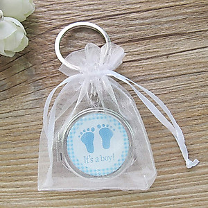 12 PCS Personalized Baby Shower Blue Boy Mirror Keychain Favors with Baby Footprint Design Custom Engraving Gift