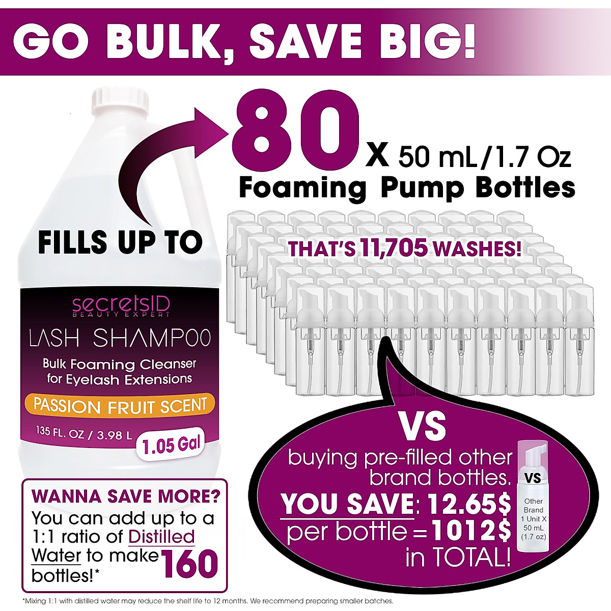 Professional Lash Shampoo for Eyelash Extensions Bulk 3.98L - 1.05 Gallon with 50 Aftercare Cards - Premium Made in America Eyelid Foaming Cleanser - Salon Lash and Brow Wash - Passion Fruit Scent