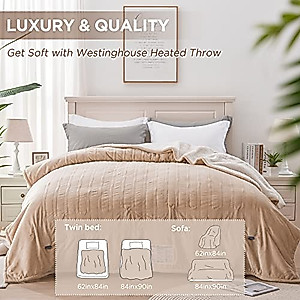 Westinghouse Heated Blanket Queen Size, Electric Throw Blanket with 10 Heating Levels, 12 Hours Auto Off, Overheat Protection, Machine Washable, Flannel to Sherpa (Queen, 84x90 Inches, Beige&Ivory)