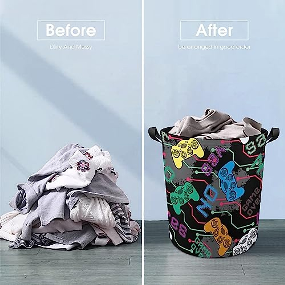 HoaMoya Collapsible Colorful Joysticks Gamepad Laundry Basket Cool Gamer Slogan Freestanding Laundry Hamper With Handles Large Waterproof Cloth Toy Storage Bin for Household Bedroom Bathroom