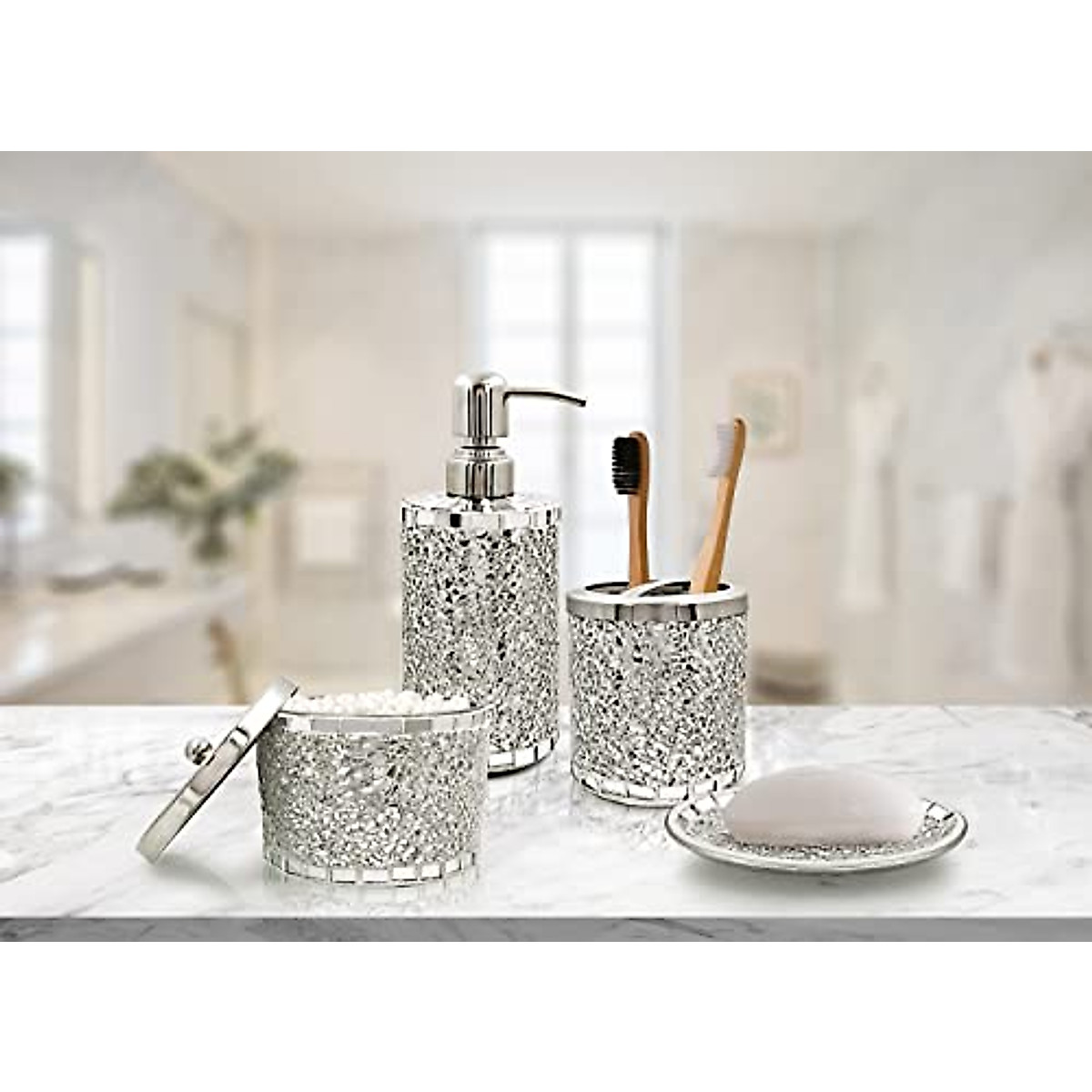 LushAccents Bathroom Accessories Set, 4-Piece Decorative Glass Bathroom Accessories Set, Soap Dispenser, Soap Tray, Jar, Toothbrush Holder, Elegant Silver Mosaic Glass