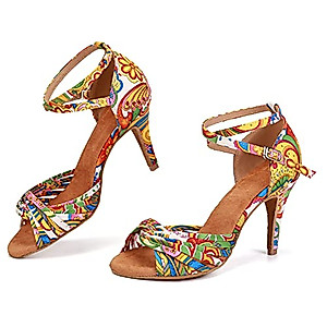 YKXLM Latin Dance Shoes For Women Ballroom Salsa Tango Professional Performance Practice Dancing Shoes,3.33" heel,Colorful,5.5 US