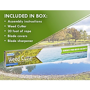 Crystal Blue Pond & Lake Weed Cutter - 42 inch Wide Cutting Path, Includes 20 Foot Rope, Blade Sharpener & Safety Gloves - Remove Common Pond Weeds, Chara, Lilly Pads, Small Leaf & More