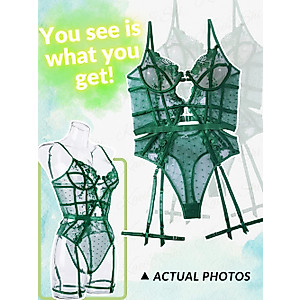 Kaei&Shi Bodysuit Lingerie for Women,Plunge Underwire Floral Lace Teddy Lingerie,Sexy Cutout Thong One Piece Body Suit with Garter St Patricks Dark Green Medium