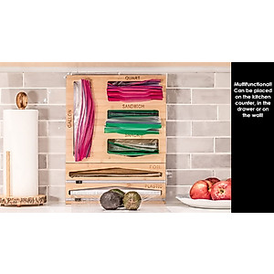 Brady Unlimited Storage Bag Organizer, Foil & Plastic Wrap Dispenser with Cutters, 6in1 Bamboo Bag Organizer for Kitchen Drawer & Wall Mount-Gallon,Quart,Sandwich,Snack, Foil & Plastic Holders