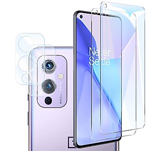 Orzero (2+2) Compatible for OnePlus 9, 2 Pack Tempered Glass Screen Protector + 2 Pack Glass Compound Acrylic Camera Lens Protector Anti-Scratch High Definition