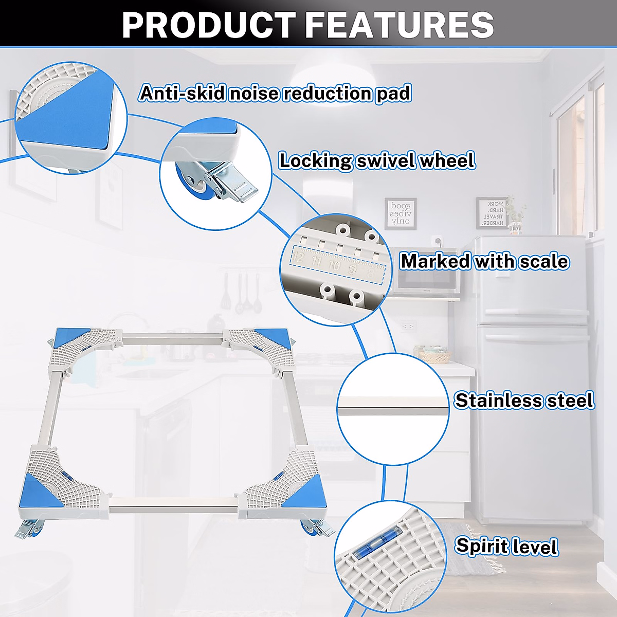 NATGAI Mini Fridge Stand, Adjustable Furniture Dolly Roller Base with 4 Locking Swivel Wheels, Universal Mobile Base Moving Cart for Washing Machine Refrigerator and Dryer (4 Wheels)