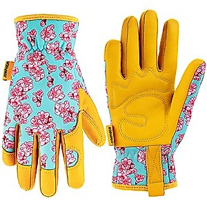 Leather Gardening Gloves for Women, JUMPHIGH Tough Cowhide Working Gloves, Flexible Breathable Spandex, Thorn Proof Garden Gloves for Yard, Gardening Gifts for Gardener (Medium)