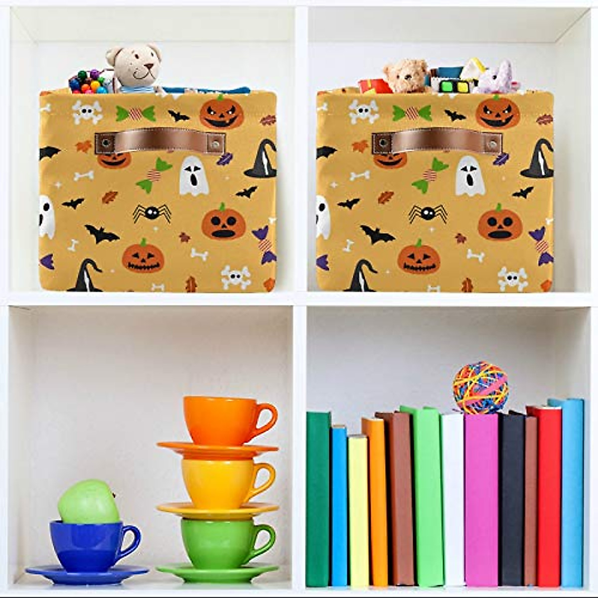 Qilmy Halloween Pumpkin Storage Basket Storage Bin Organizer Basket, Foldable Handmade Rectangular Storage Box with Handles - Large Organizer for Home, 15L x 11W x 9.5H in (1PC)