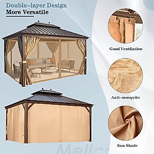 MELLCOM 12' x 14' Hardtop Gazebo, Brown Permanent Pavilion Gazebo with Curtains and Netting, Galvanized Steel Metal Double Roof Aluminum Gazebo with Aluminum Frame for Patio, Lawn & Garden