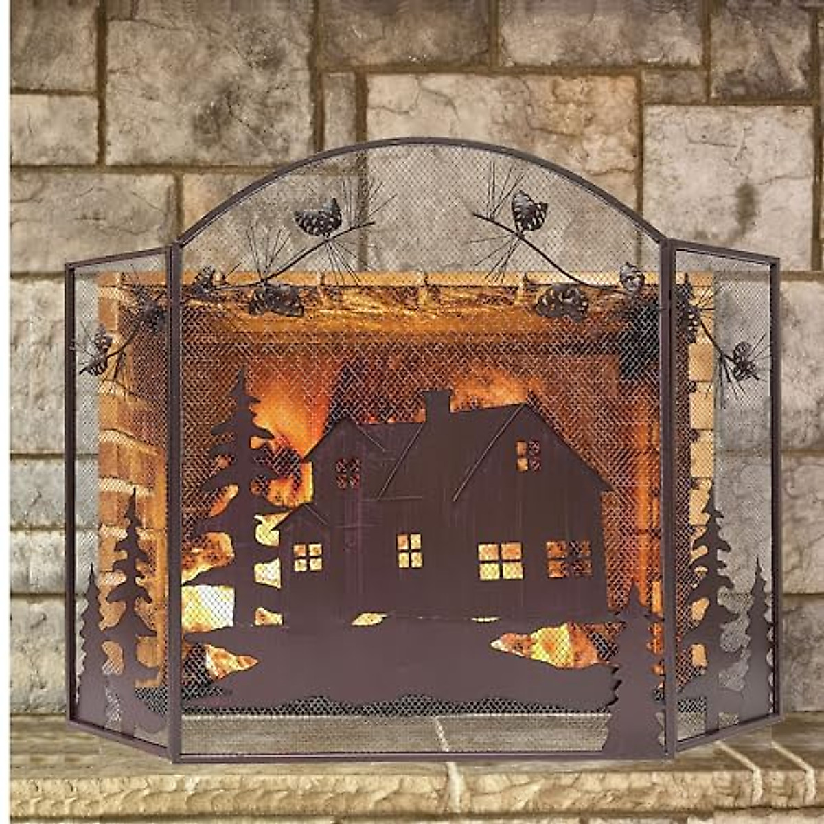 BestGiftEver 3-Panel Fireplace Screen Decorative with House Cabin Lodge Pine Cone Design - Stand Alone Fireplace Cover Metal Mesh Screen - Home Decorative Firescreen forRustic Western Country Style