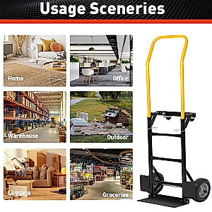 Folding Hand Truck and Dolly, Heavy Duty 330 Lb Capacity Metal Dolly Cart with Telescoping Handle and Rubber Wheels, Convertible Hand Truck Dual Purpose 2 Wheel Dolly Cart for Moving/Warehouse/Grocery