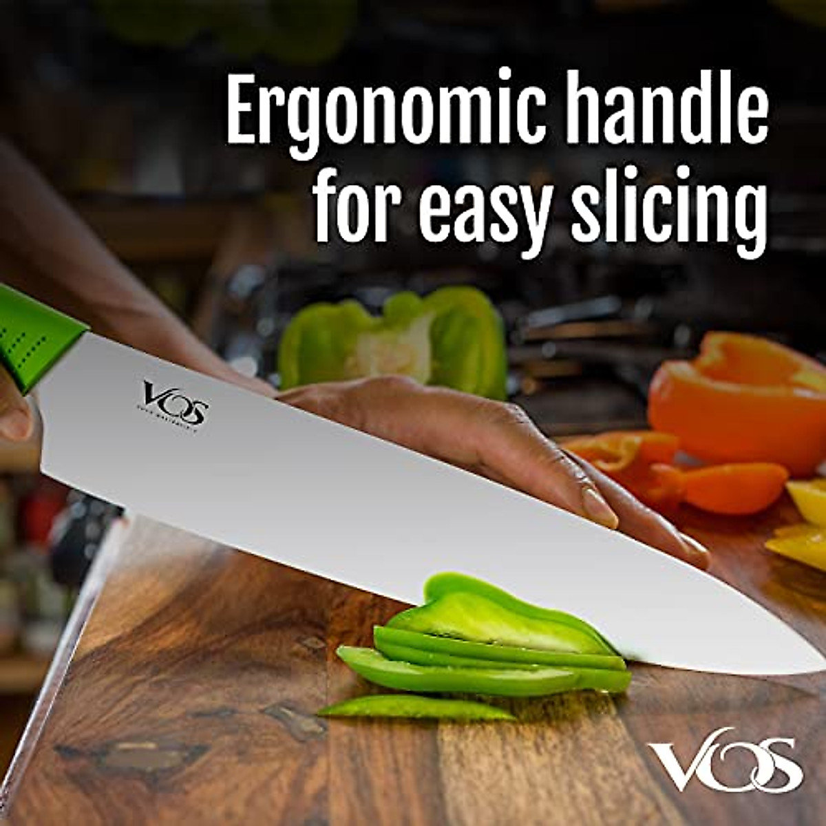 Vos Ceramic Chef Knife 8 Inch with Cover and a Gift Box - Sharp Zirconia Blade Edge for Cutting, Paring, Slicing, Dicing, Chopping - Ideal for Vegetable and Fruit (Green)