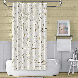 OERJU Boho Shower Curtain Sun Moon Stars Arrows Modern Fashion Art Gold Hand Drawing Chic Tribal Style Machine Washable Bohemian Bathroom Curtain Set with Hooks 72x96inch Waterproof Polyester
