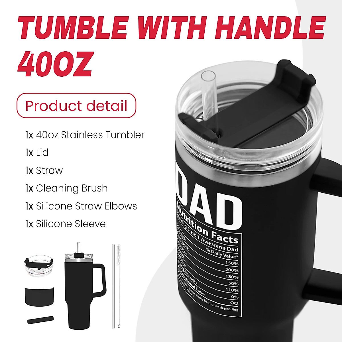 SANDJEST Dad Gifts for Dad from Daughter Son Best Dad Ever Tumbler with Handle 40oz Stainless Steel Insulated - Coffee Tumbler for Dad Father's Day Birthday Christmas Cup Gift Set with Lid & Straw