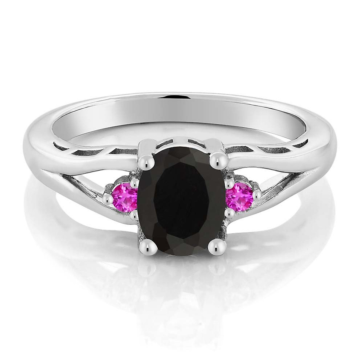 Gem Stone King 925 Sterling Silver Black Onyx and Pink Sapphire 3 Stone Engagement Ring For Women | 1.35 Cttw | Oval 8X6MM | Round 2MM | Gemstone December Birthstone | Size 7