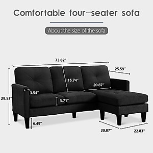 TOBYUL L-Shaped Couch with Reversible Chaise，Convertible Sectional Sofa Couch，Modular Couch Set，Living Room Furniture Sets，Couches for Living Room Apartment and Small Space (Black)