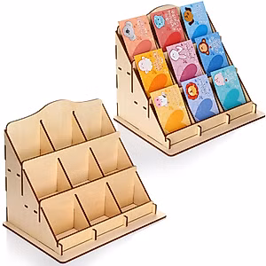 Soaoo 2 Pack 9 Shelves Sticker Display Stand Wooden Greeting Card Display 3 Tier Card Rack Retail Wooden Riser for Retail Counter Vendor Table Vendor Events Countertop