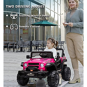 Kids Ride On Car with Parent Remote Control 4x4 Ride On Truck Car Kids Electric Vehicles 12V Ride on Toys for Boys Girls Power Vehicles Wheels, Single Seat, Storage Box, Rose Pink