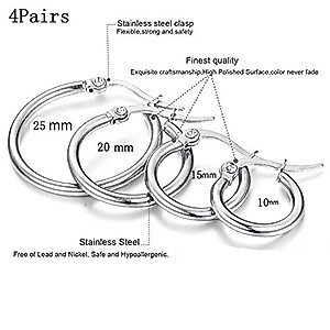 CVAYU 4 Pairs Stainless Steel Round Hoop Cute Huggie Earrings For Women Girls Small Hoop Earring Set(10mm,15mm,20mm,25mm) (Silver Tone-4Pairs)