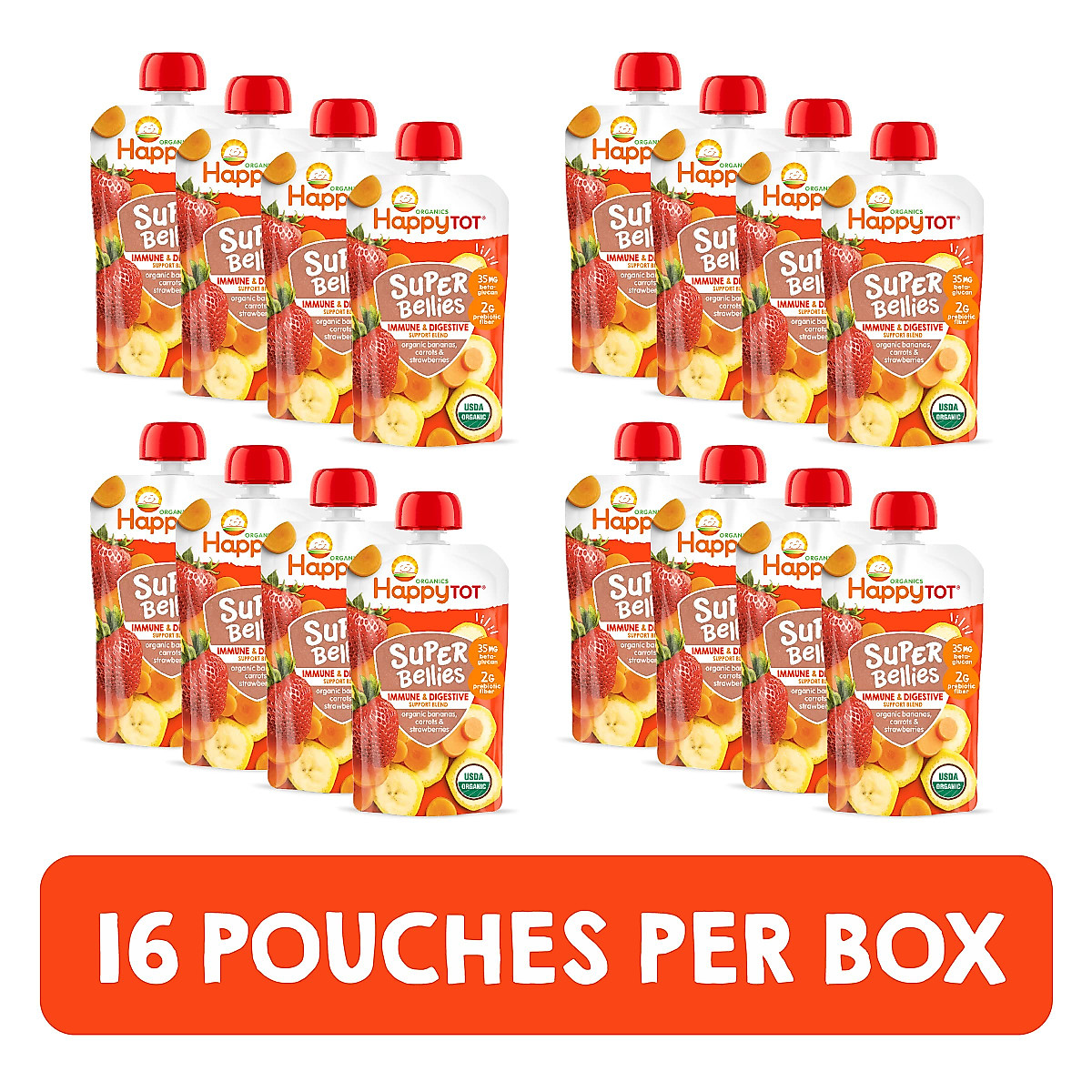 Happy Tot Organics Stage 4 Baby Food Pouches, Gluten Free, Vegan Snack, Super Bellies, Fruit & Veggie Puree, Banana, Carrot & Strawberry 4 Ounce (Pack of 16)