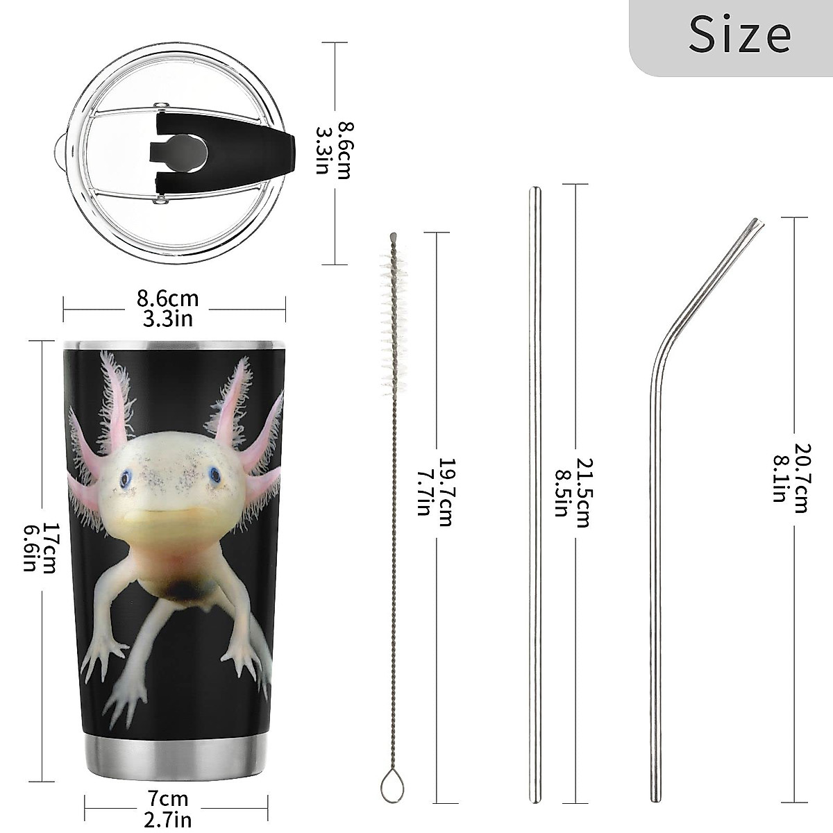 Yasala Tumbler Axolotl Insulated Coffee Cup Back to School Beverage Container Office Travel Mug with Straw and Lid Double Wall Stainless Steel 20oz