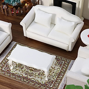 Dollhouse Couch Miniature Sofa with Pillows Dollhouse Living Room Funiture 1:12 Scale Model 3 Pcs High Simulation Upholstered Wooden Fabric Armchair Mini Room Artificial House Scene Decoration (White)