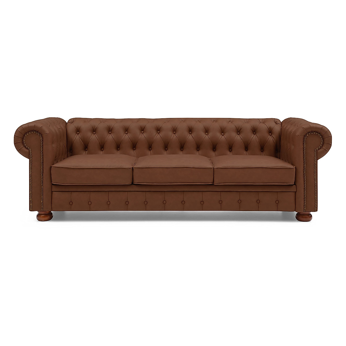 YuiHome Classic Chesterfield Sofa Leather, Modern PU Tufted Couch 3 Seater with Rolled Arms and Nailhead for Living Room, Bedroom, Office, Apartment,Brown