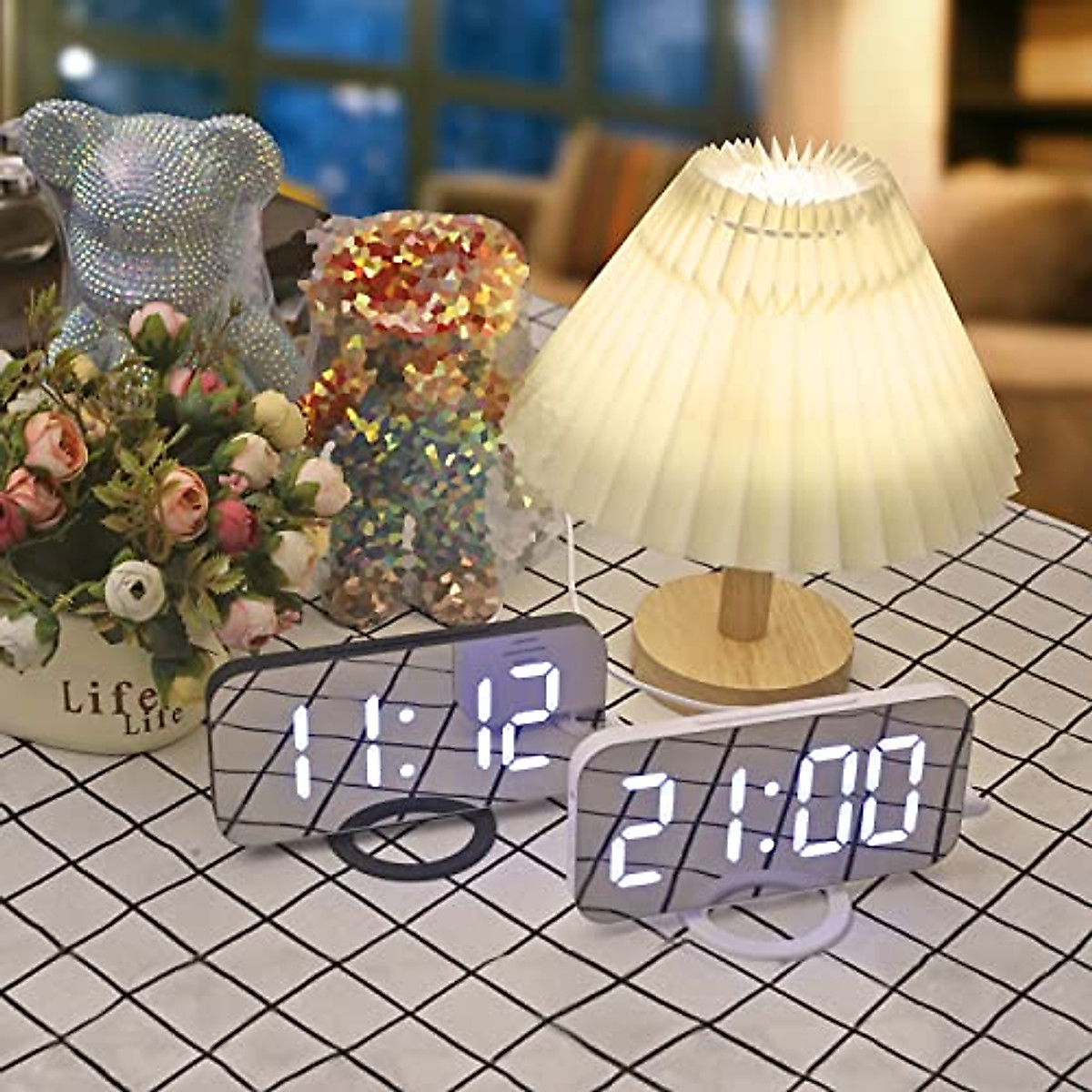 WulaWindy Digital Alarm Clock, Large Mirrored LED Display, with USB Charger, Snooze Function Dim Mode Wall Hanging Beside Desk Clock for Bedroom (White)