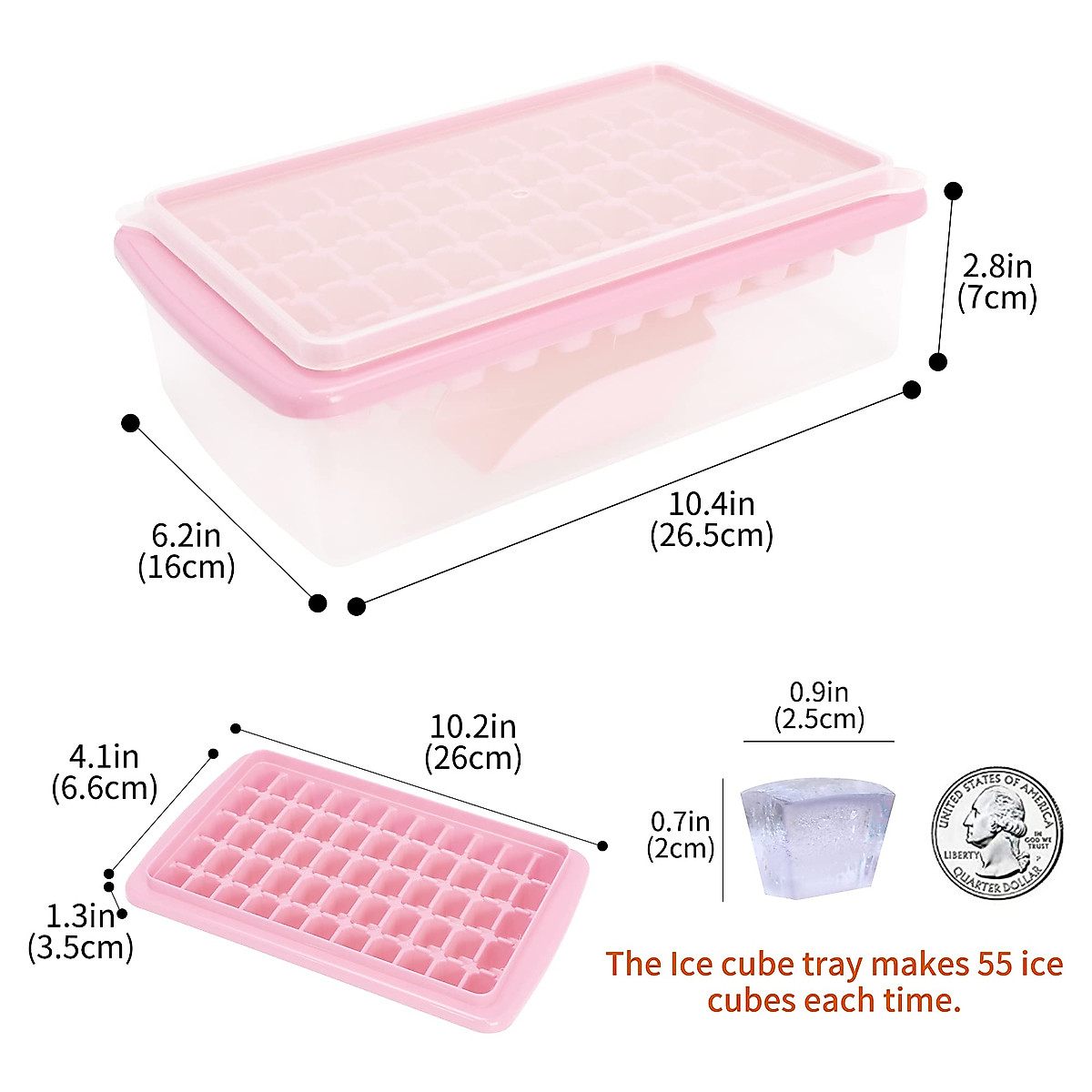 Ice Cube Tray with Lid and Bin for Freezer, Easy Release 55 Nugget Ice Tray with Cover, Storage Container, Scoop. Perfect Small Ice Cube Maker Tray & Mold. Flexable Durable Plastic, BPA Free